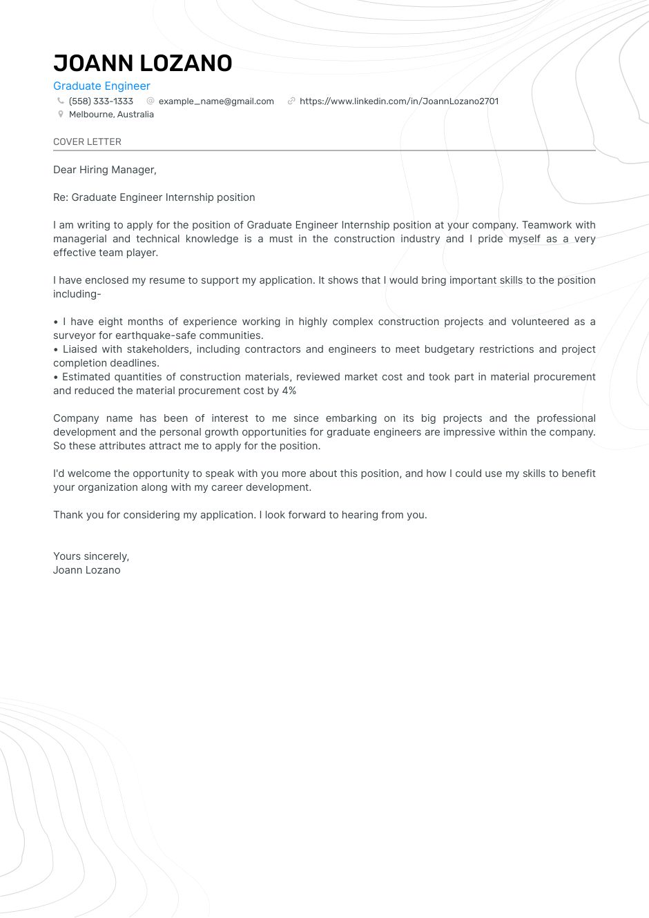 Electrical Engineering Internship Cover Letter