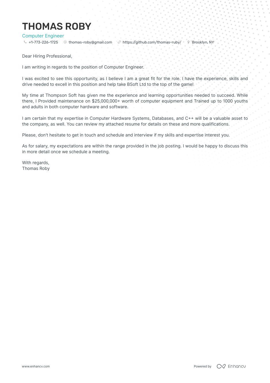 Real Computer Engineer Cover Letter Example for 2023