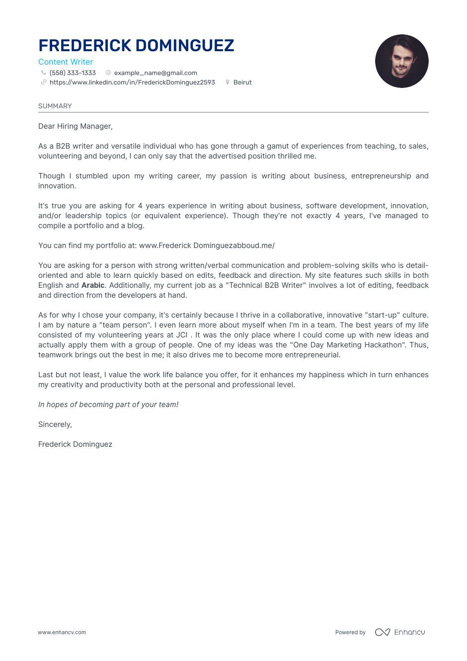 Real Content Writer Cover Letter Example for 2023