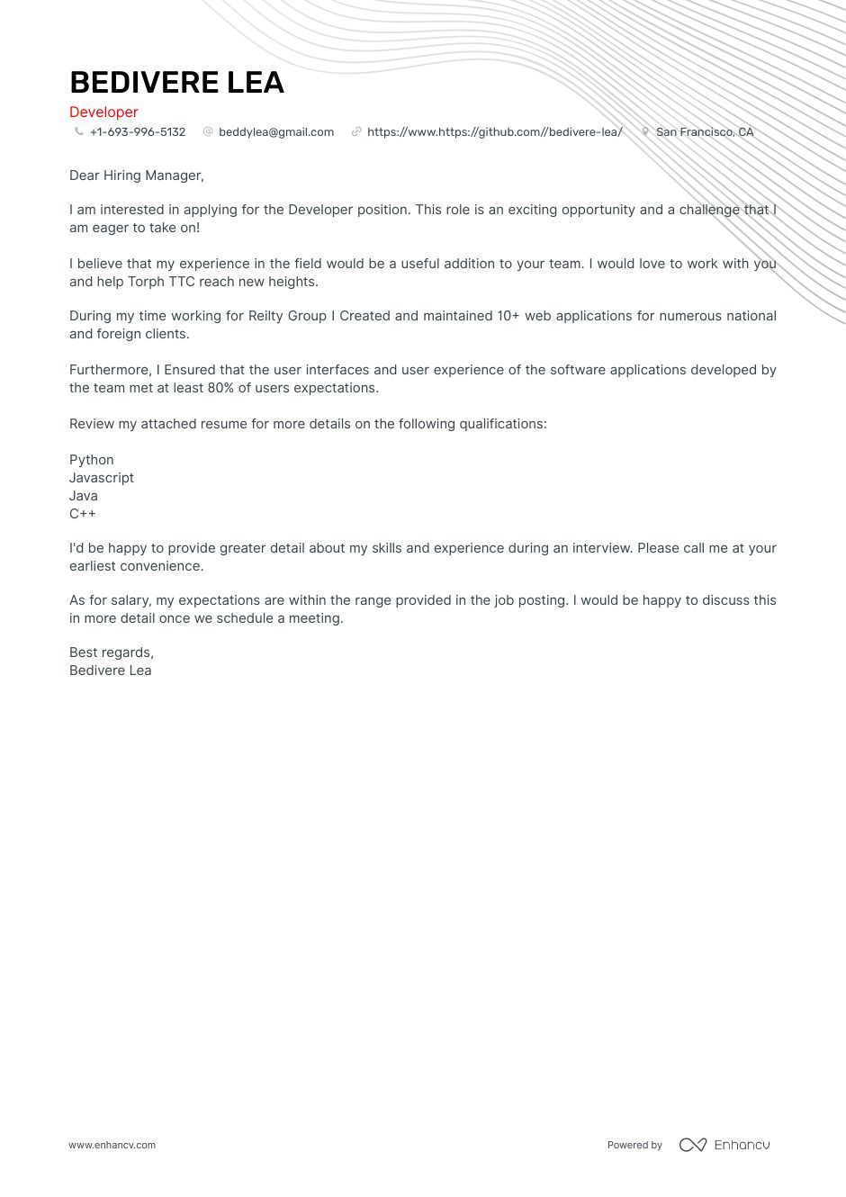 Real Developer Cover Letter Example for 2023