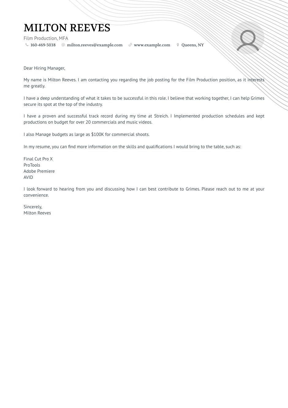 Real Film Production Cover Letter Example for 2023