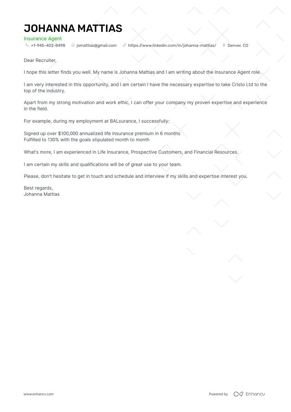 Real Insurance Agent Cover Letter Example for 2023