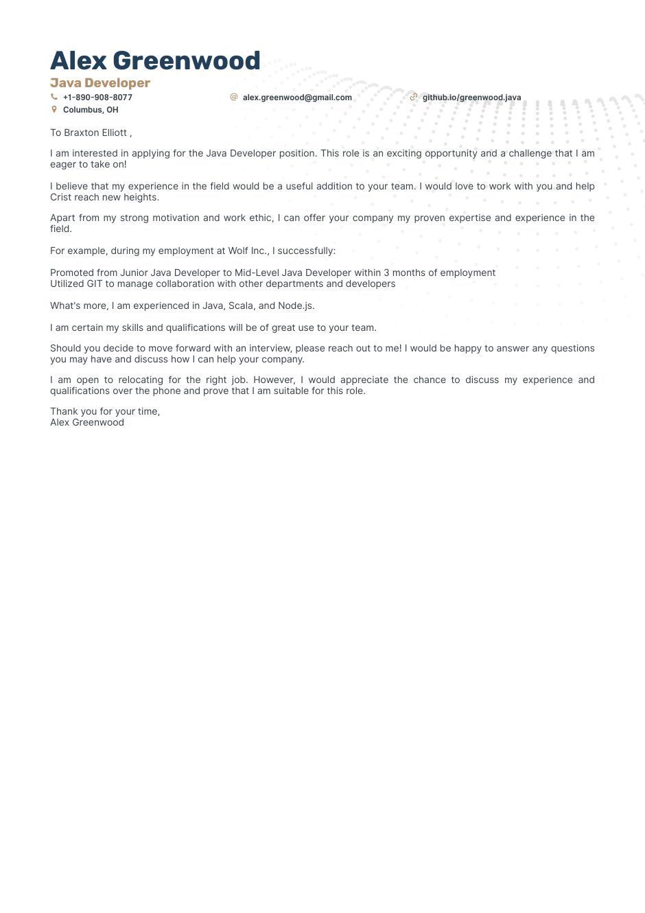 Real Java Developer Cover Letter Example for 2023