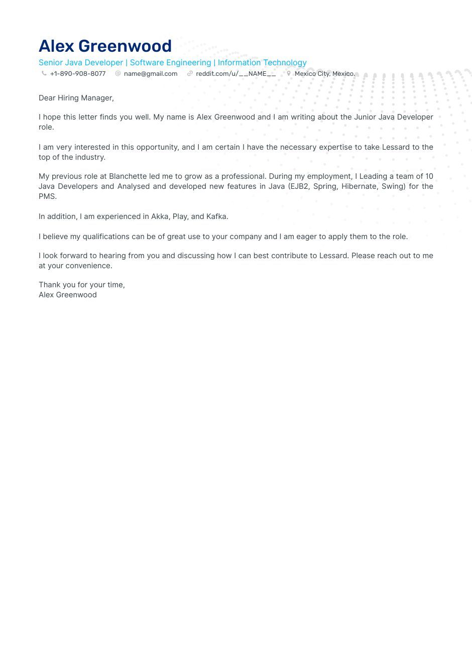 Real Junior Java Developer Cover Letter Example for 2023