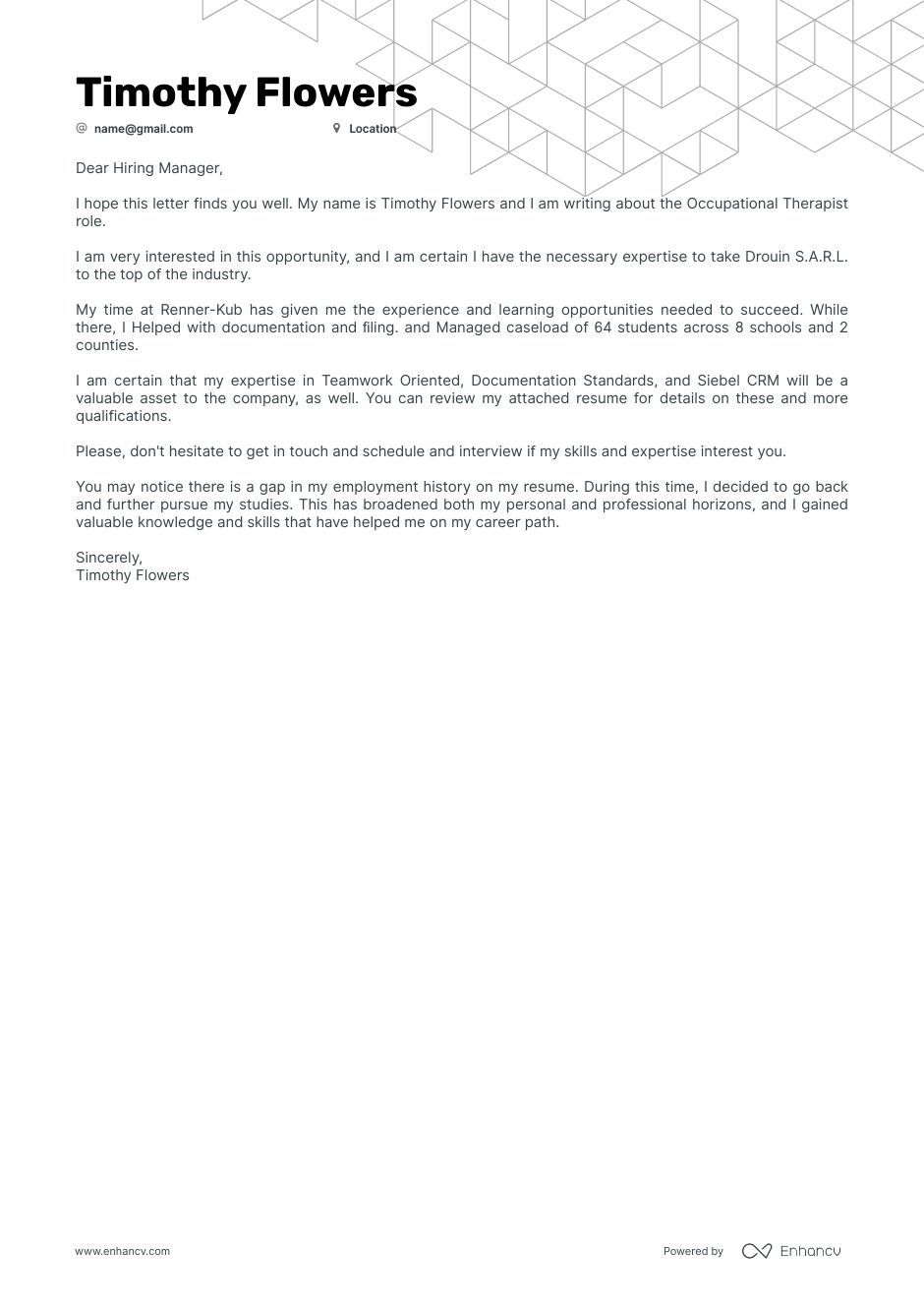 Real Occupational Therapist Cover Letter Example for 2023