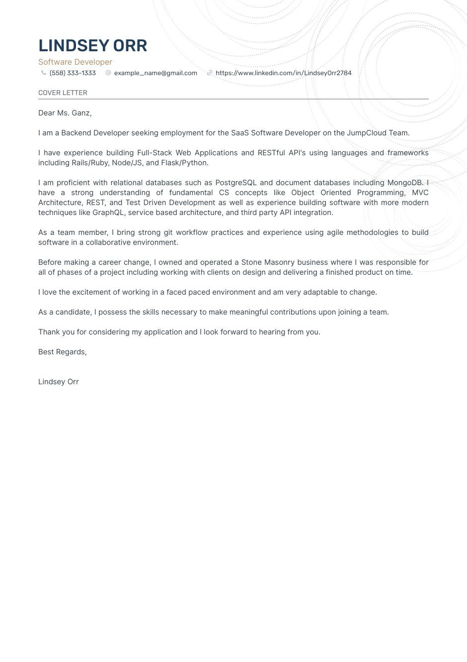 Real Software Developer Cover Letter Example for 2023