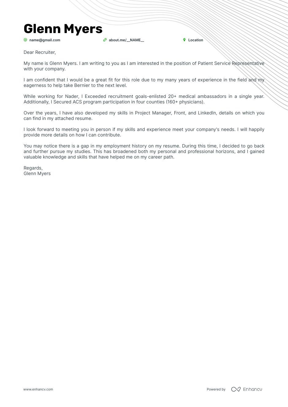 Real Patient Service Representative Cover Letter Example for 2024