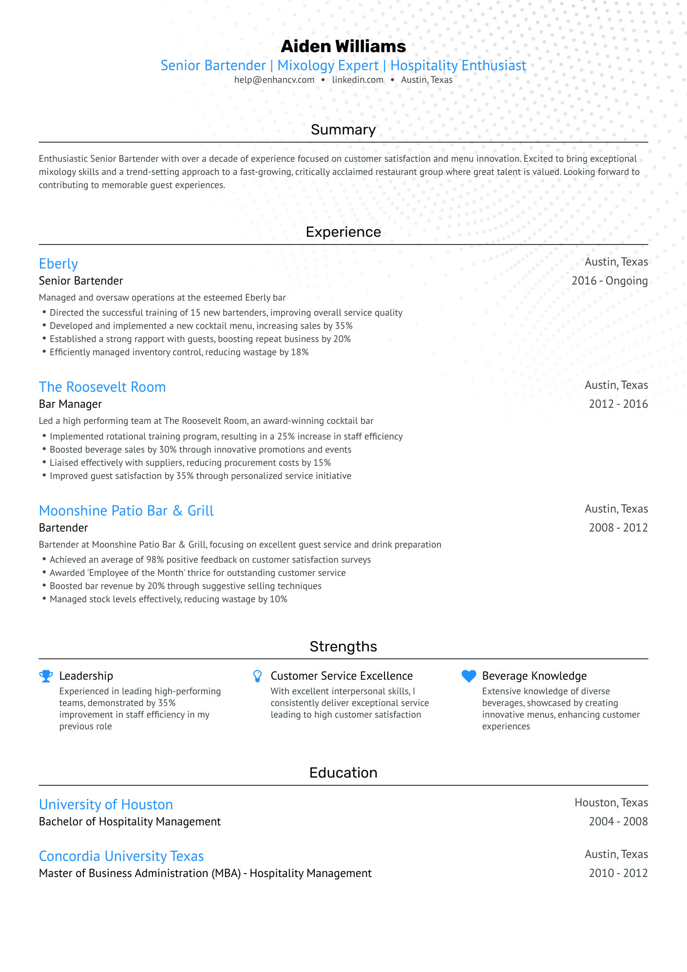 15 Bartender Resume Examples & Guide for 2024