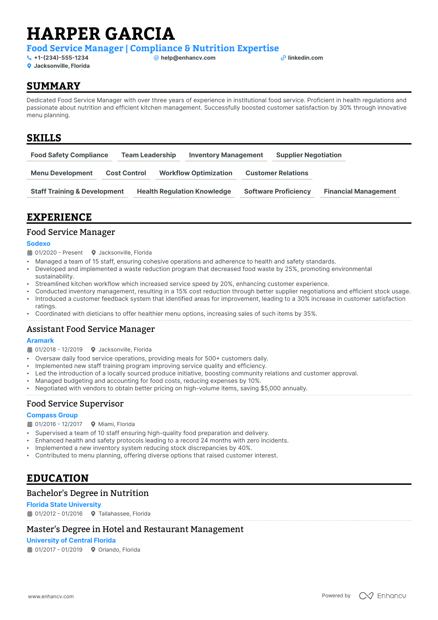 5 Food Service Manager Resume Examples & Guide for 2024