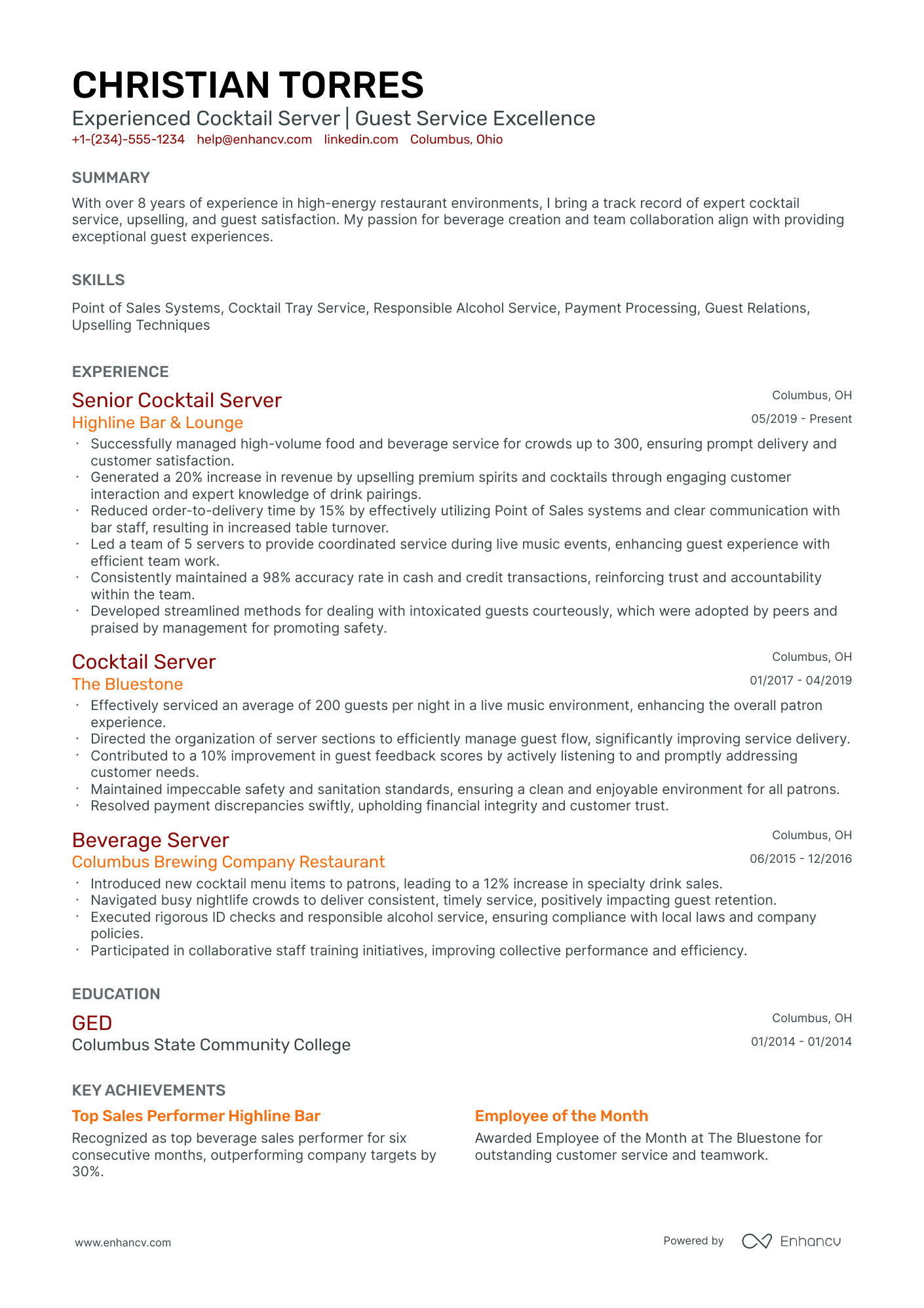 10 Cocktail Server Resume Examples & Guide for 2026