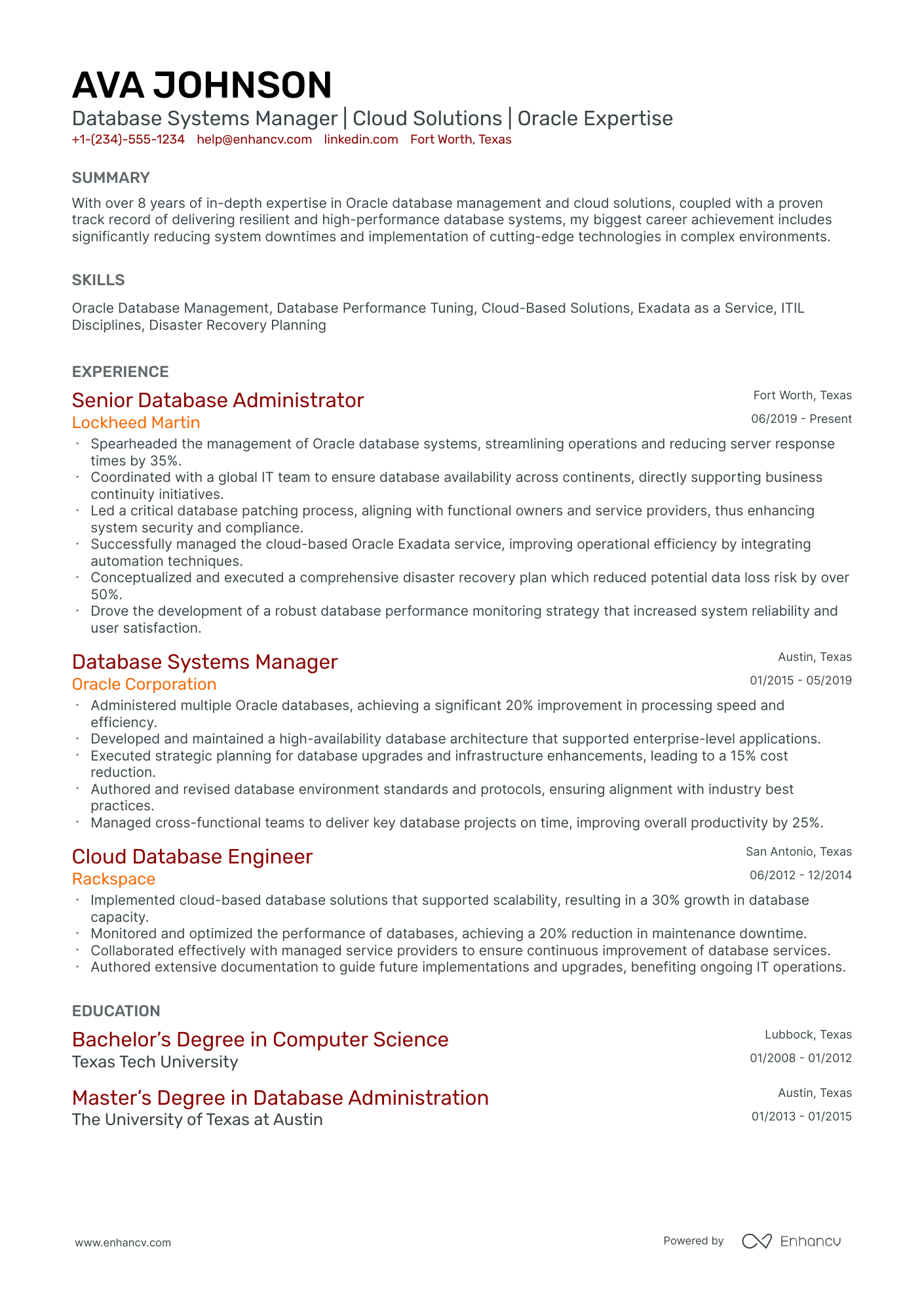 10 Oracle Database Administrator Resume Examples & Guide for 2026