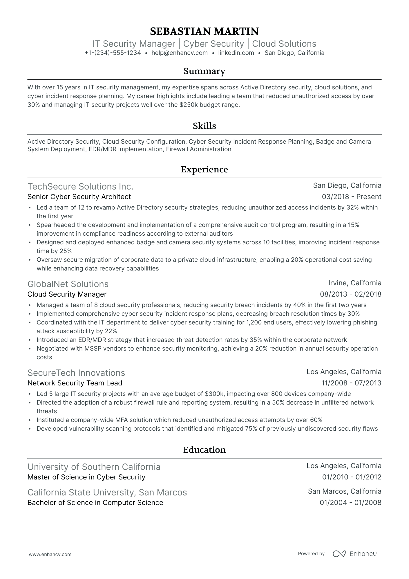 10 IT Security Manager Resume Examples & Guide for 2025
