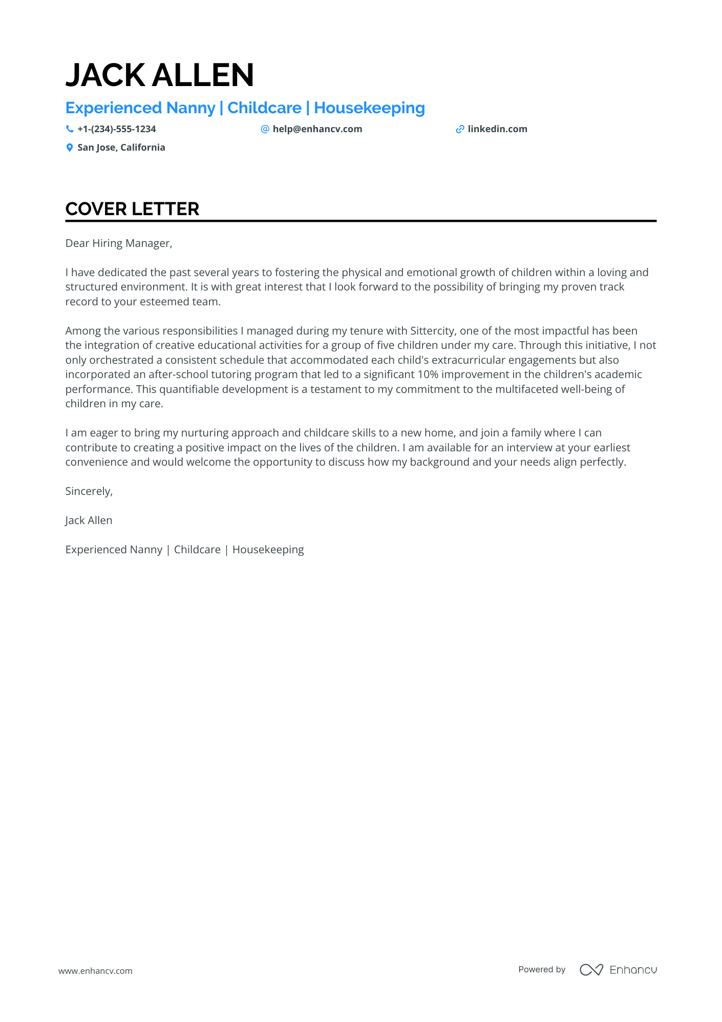 Professional Nanny Cover Letter Examples and Template for 2024 | Enhancv