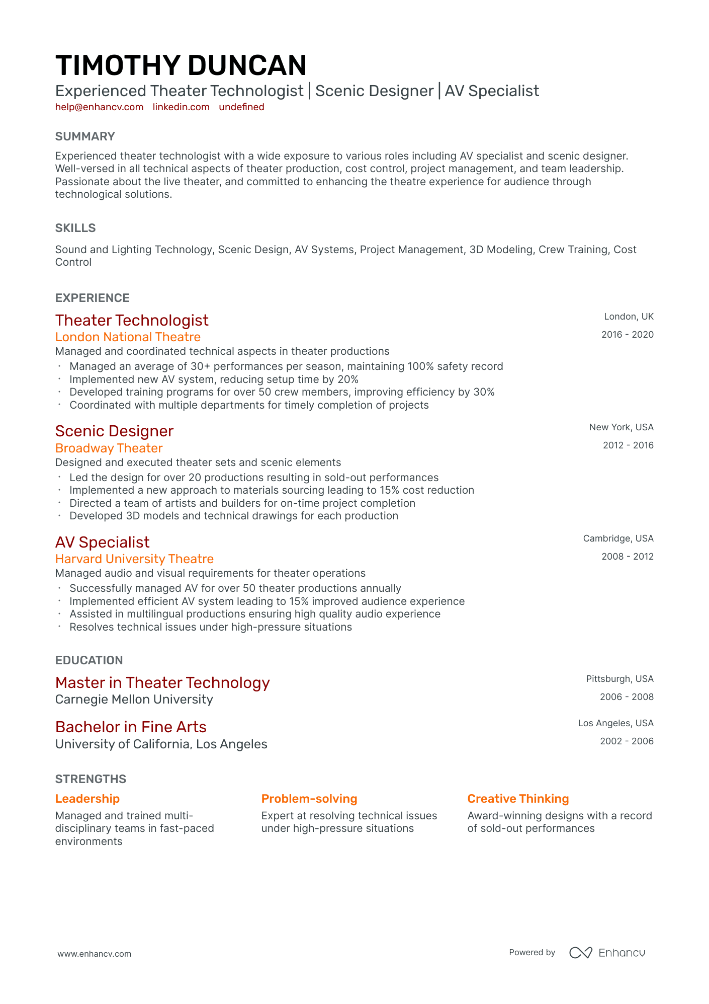 10 Technical Theatre Resume Examples & Guide for 2026