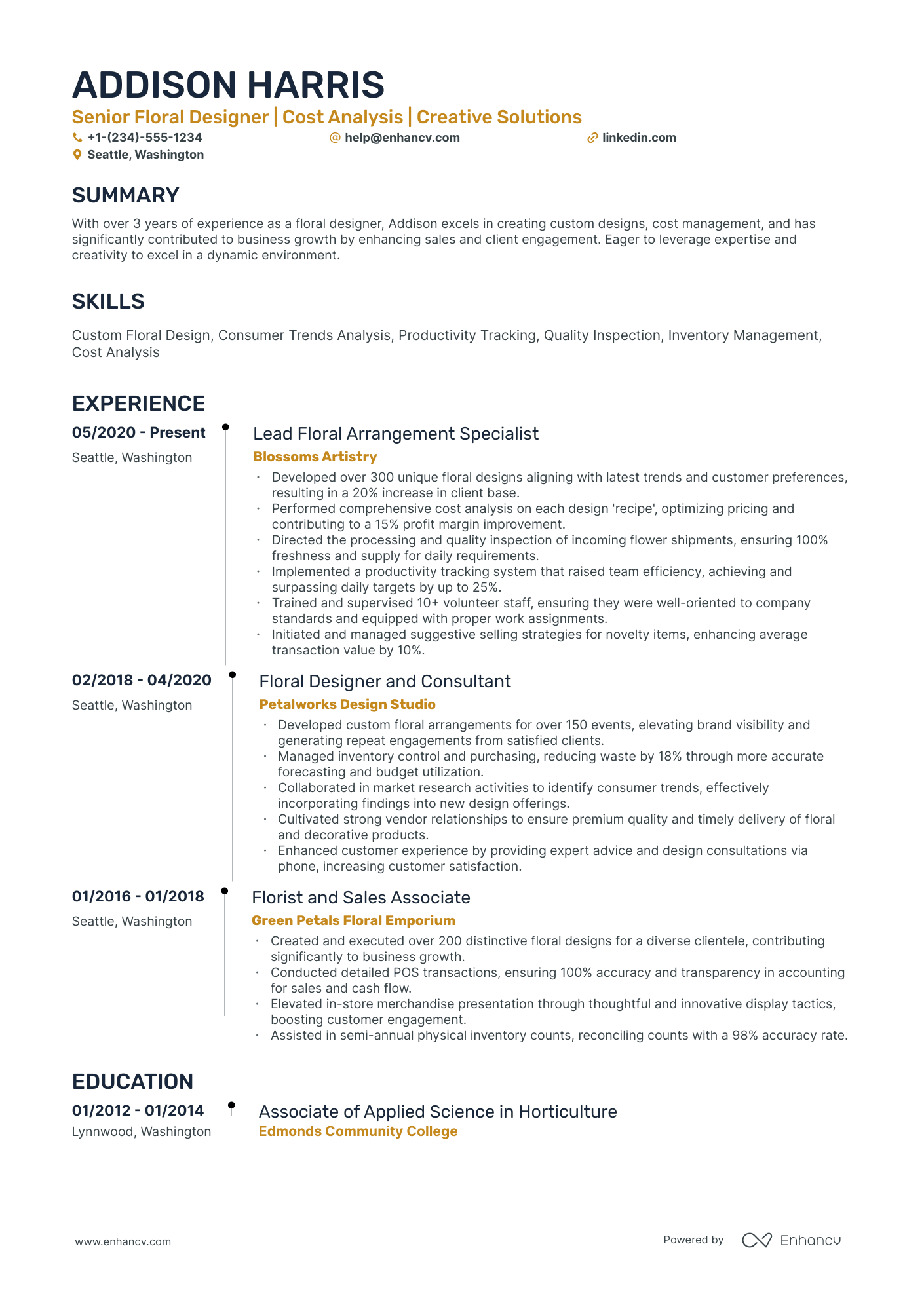 10 Floral Designer Resume Examples & Guide for 2026