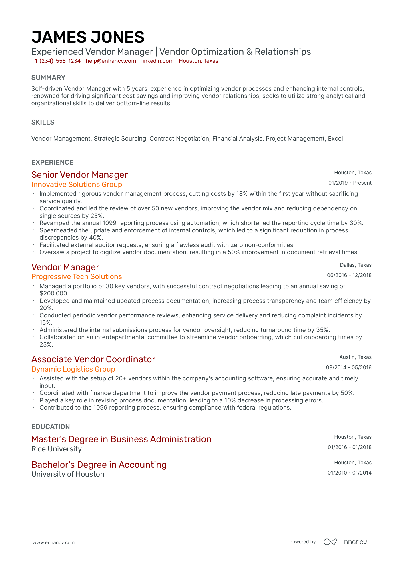 10 Vendor Manager Resume Examples & Guide for 2025