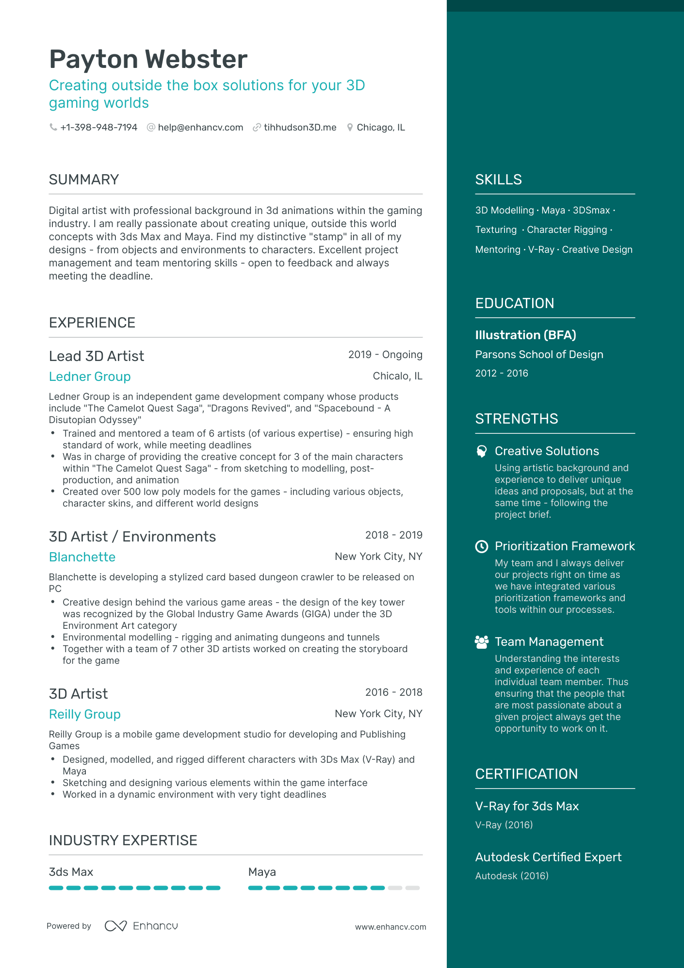 5 3D Artist Resume Examples & Guide for 2024