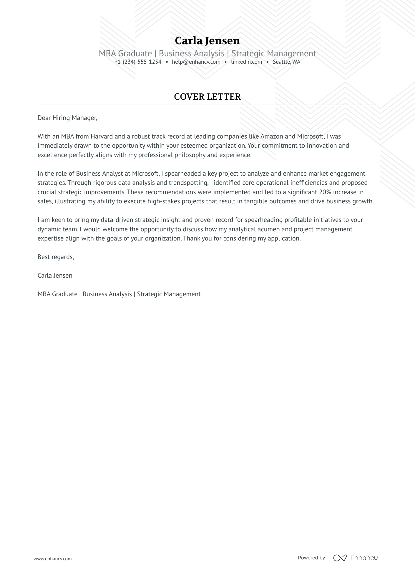 5 Professional MBA Cover Letter Examples and Template for 2024 | Enhancv