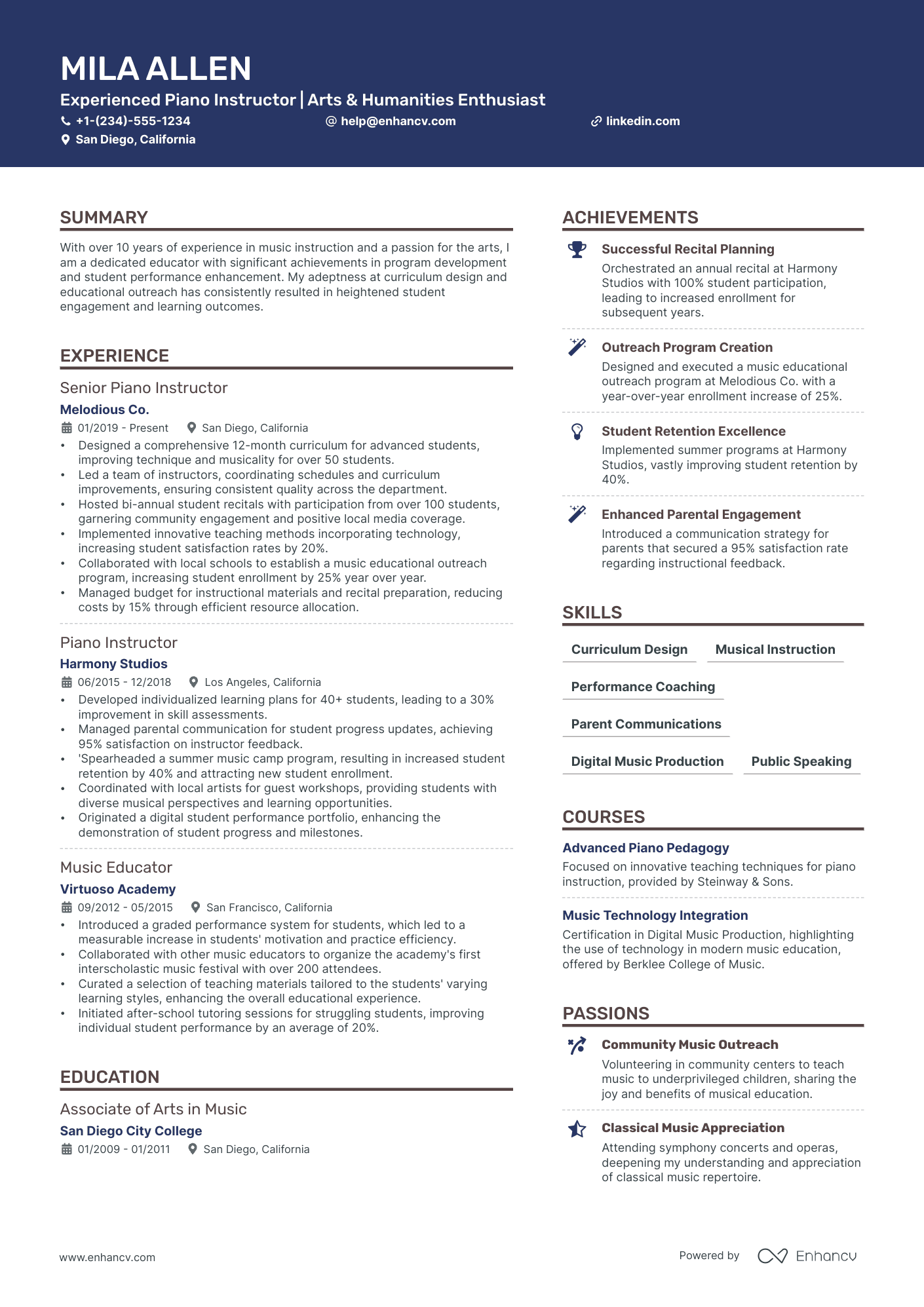 5 Piano Teacher Resume Examples & Guide for 2024