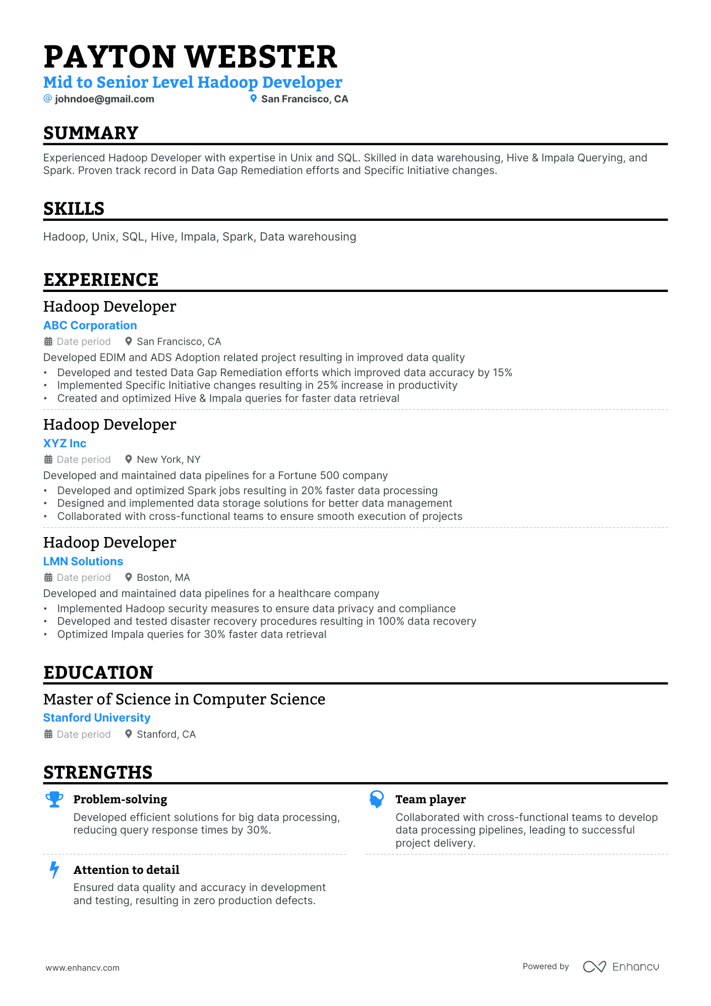 10 Hadoop Developer Resume Examples & Guide for 2026