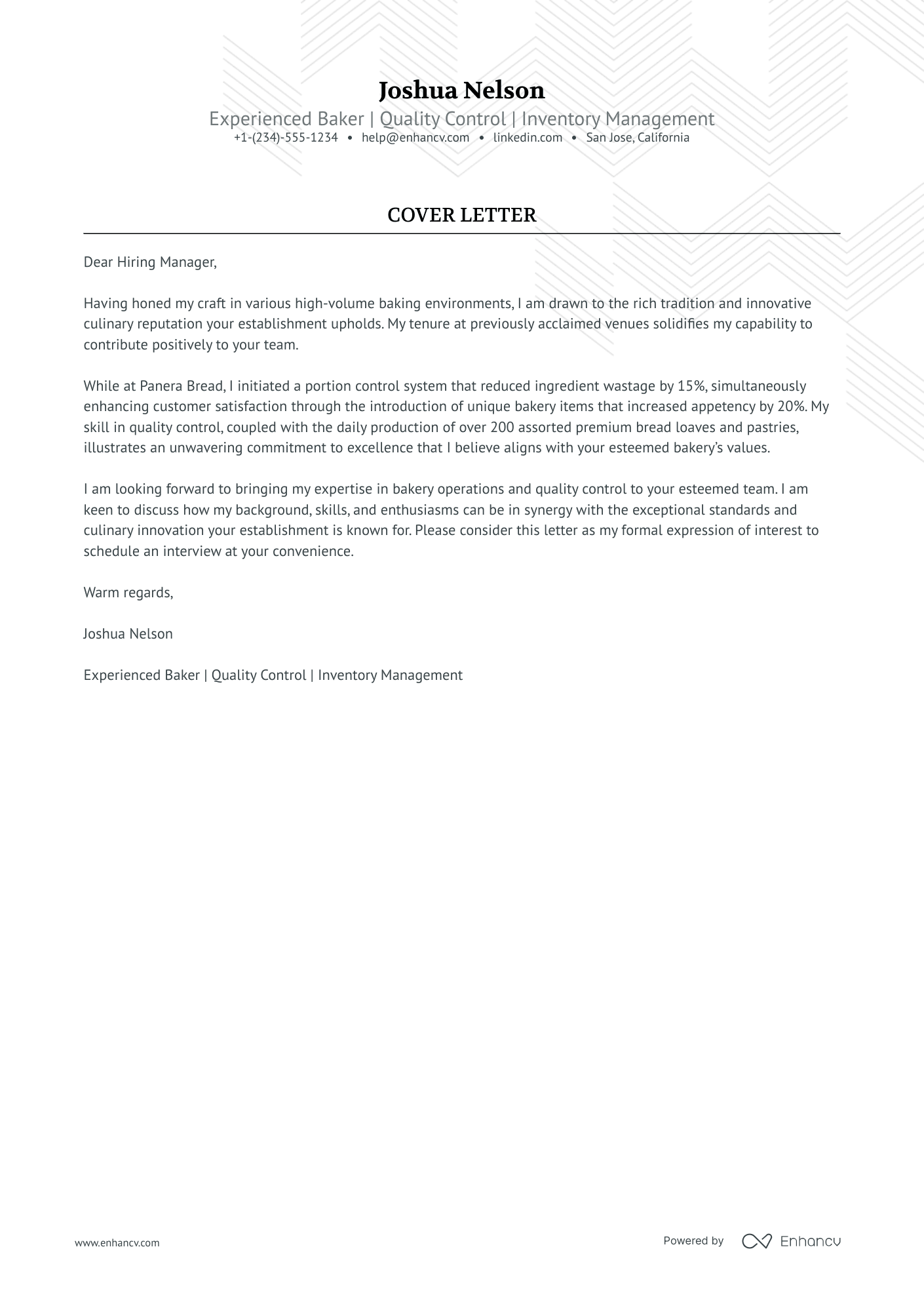 5 Professional Baker Cover Letter Examples and Template for 2024 | Enhancv