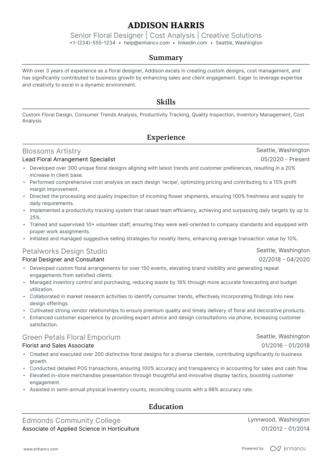 10 Floral Designer Resume Examples & Guide for 2026