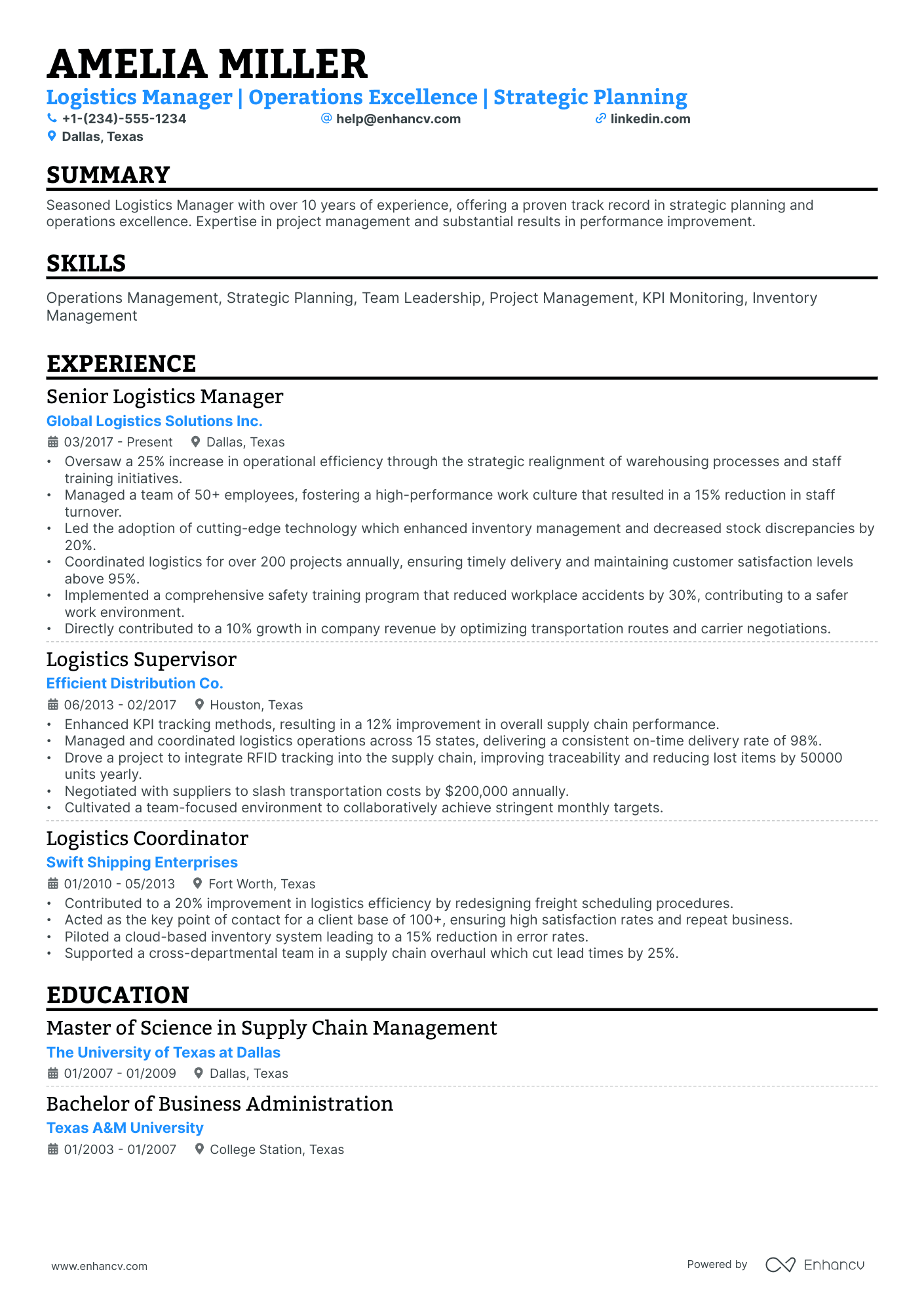 10 Logistic Manager Resume Examples & Guide for 2026