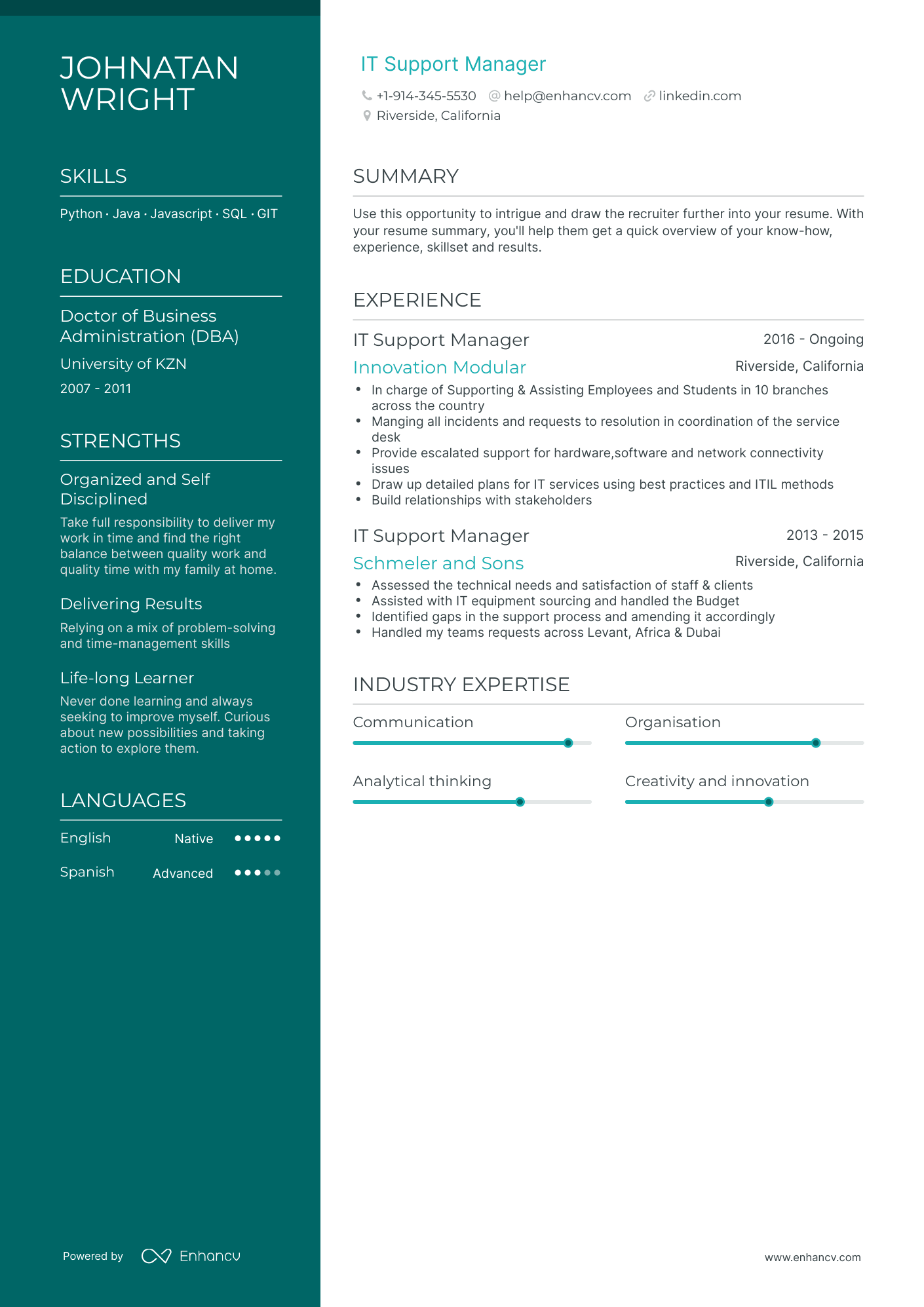 IT Support Manager Resume Examples & Guide for 2023 (Layout, Skills ...