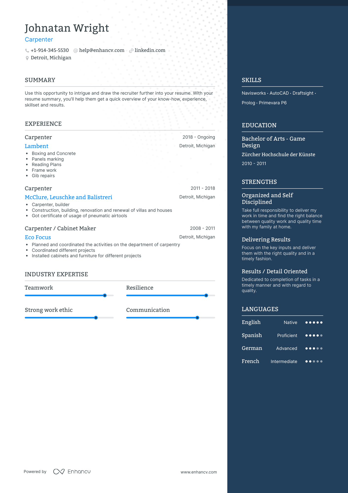 TOP Carpenter Resume Examples & Samples for 2023 | Enhancv.com (Layout ...