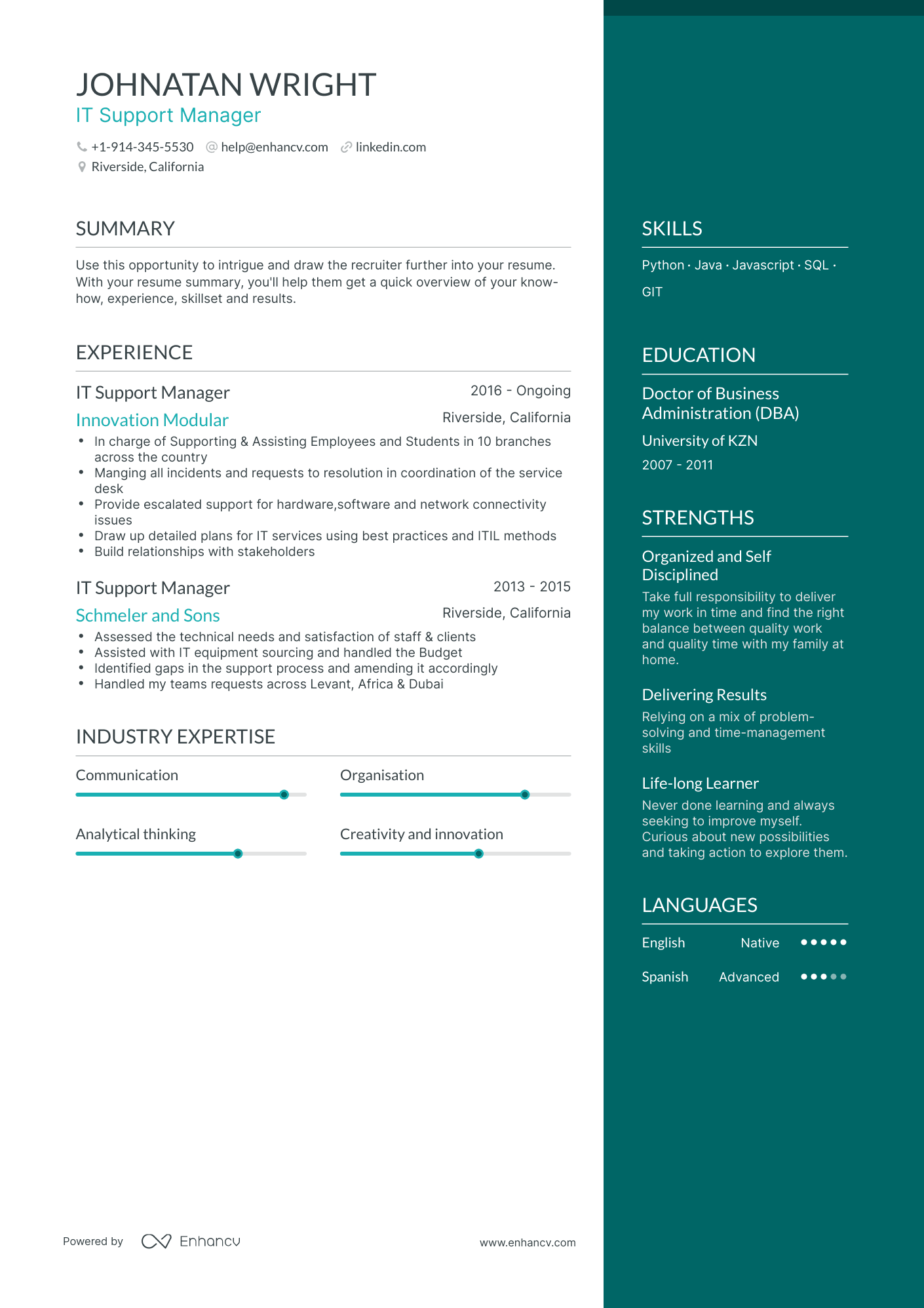IT Support Manager Resume Examples & Guide for 2023 (Layout, Skills ...