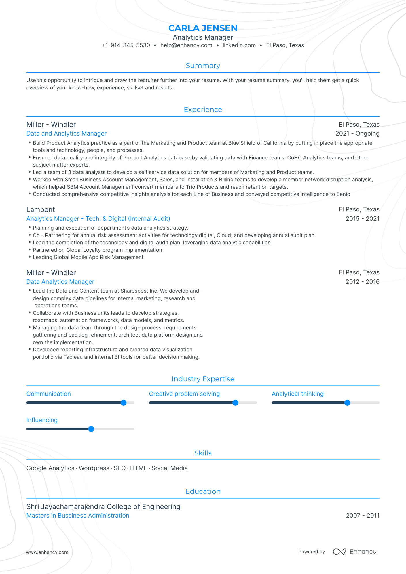 Analytics Manager Resume Examples & Guide for 2023 (Layout, Skills ...