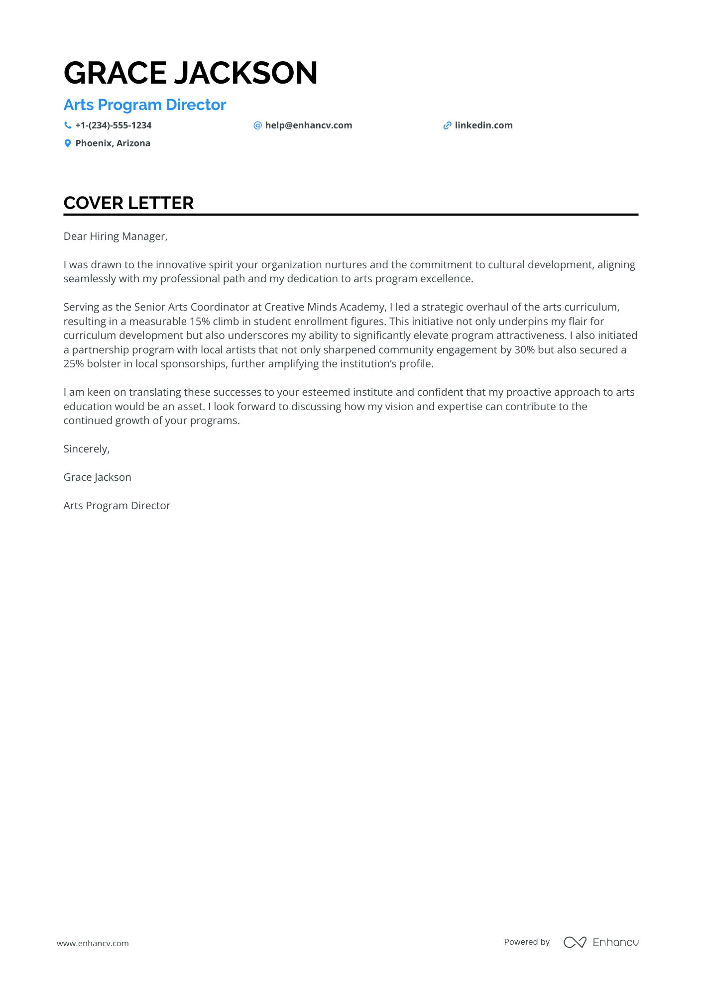 Professional Artist Cover Letter Examples and Template for 2024 | Enhancv