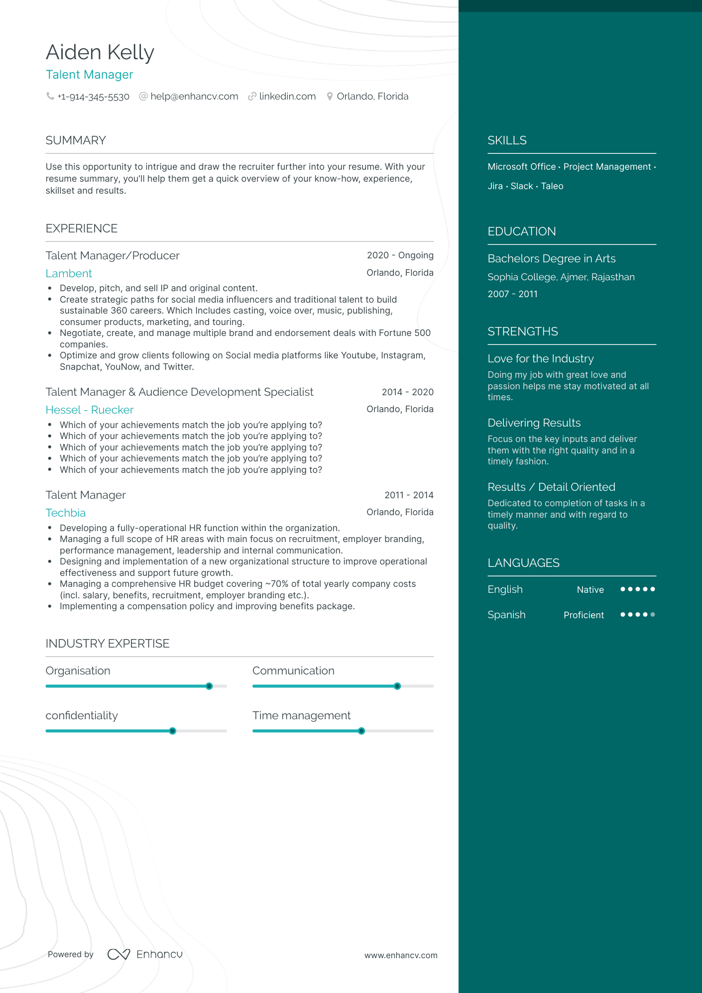 Talent Manager Resume Examples & Guide for 2023 (Layout, Skills ...