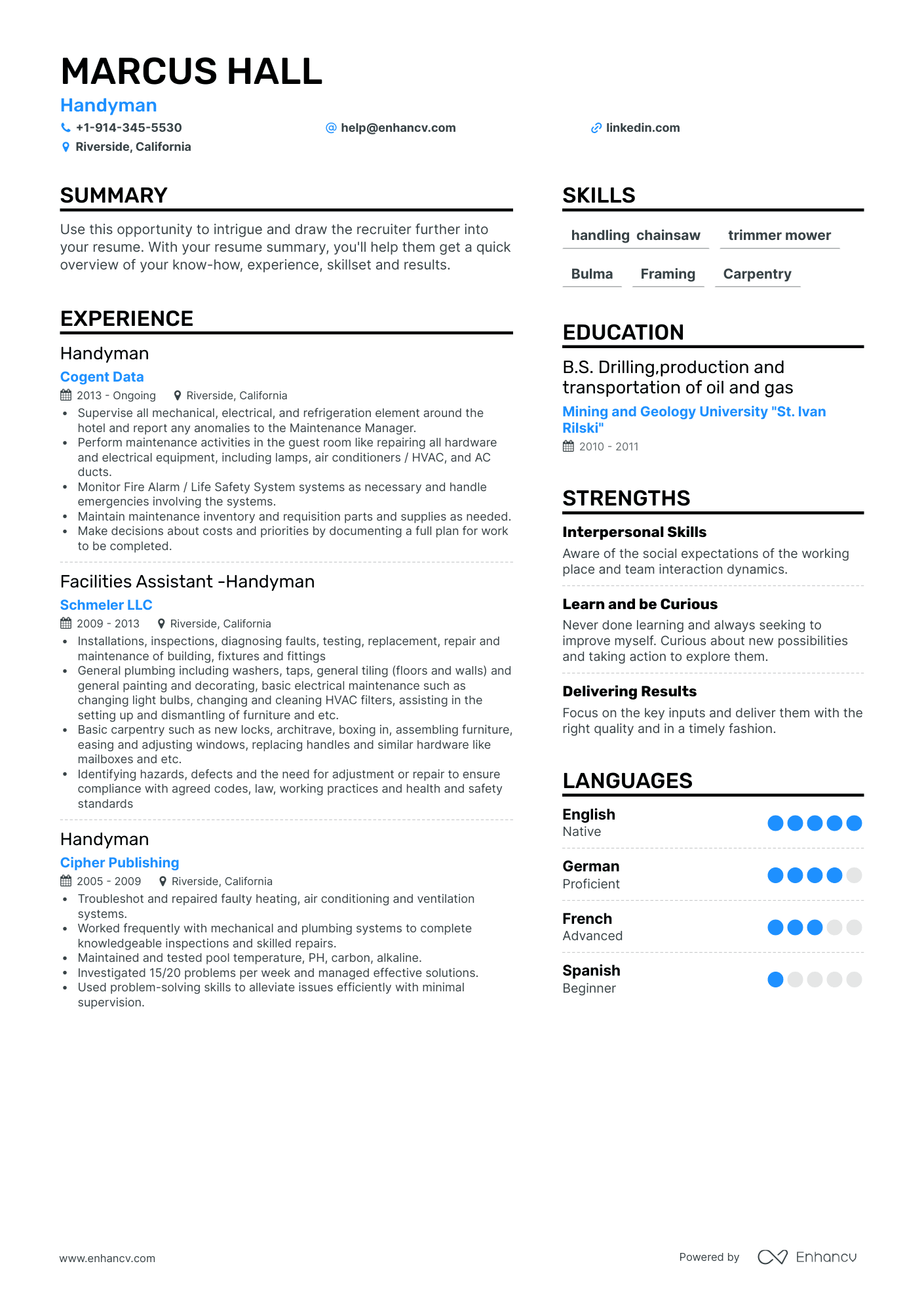 DOWNLOAD: Handyman Resume Example for 2023 | Enhancv.com (Layout ...