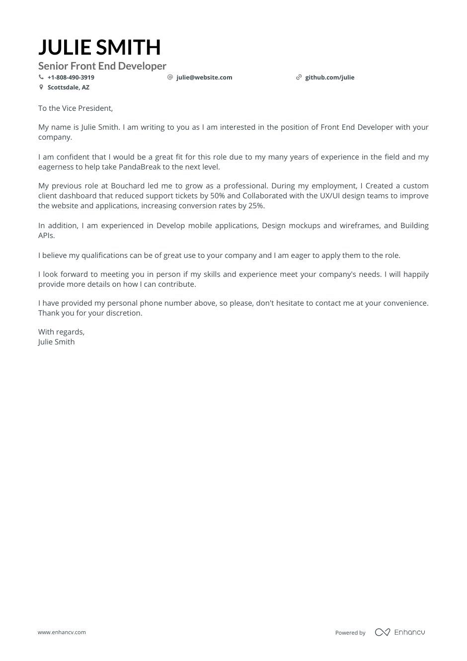 Real Front End Developer Cover Letter Example For 2024