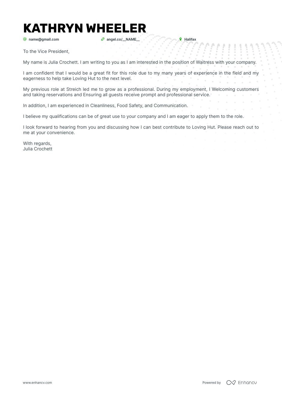 Sample Of Cover Letter For Waitress