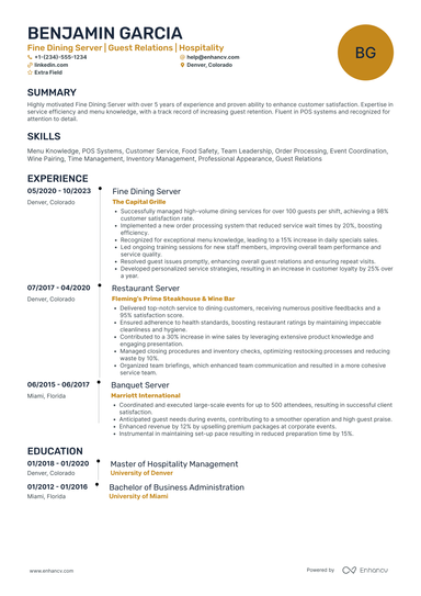 17 Fine Dining Server Resume Examples - March 2025