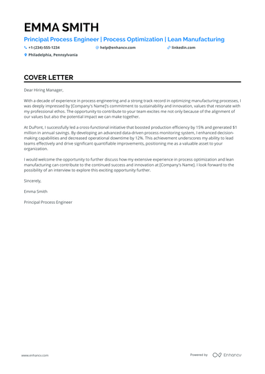 5 Professional Process Engineer Cover Letter Examples and Template for 2025 | Enhancv