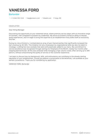 17 Professional Bartender Cover Letter Examples and Template for 2025 ...