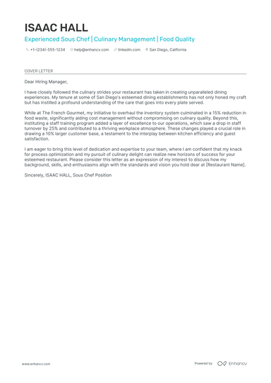 9 Professional Chef Cover Letter Examples and Template for 2025 | Enhancv
