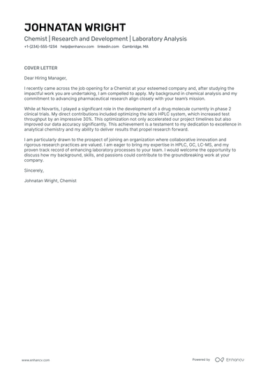 5 Professional Chemist Cover Letter Examples and Template for 2025 | Enhancv