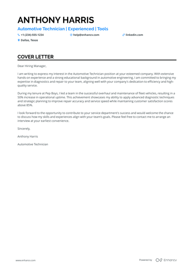 5 Professional Automotive Technician Cover Letter Examples and Template ...