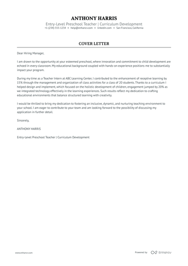 9 Professional Preschool Teacher Cover Letter Examples and Template for ...