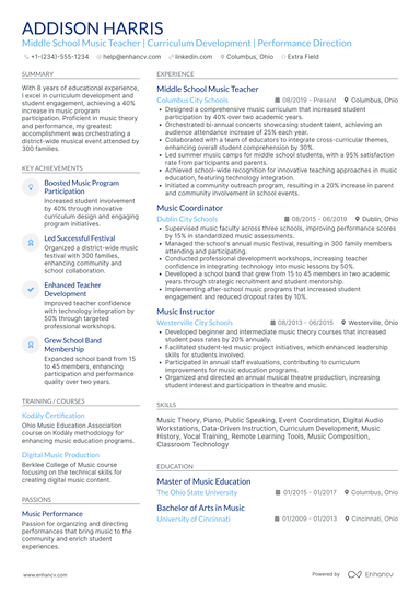 17 Music Teacher Resume Examples & Guide for 2025