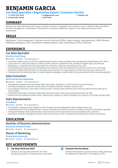 20 Car Salesman Resume Examples & Guide for 2025