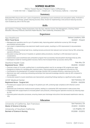 16 PACU Nurse Resume Examples & Guide for 2025