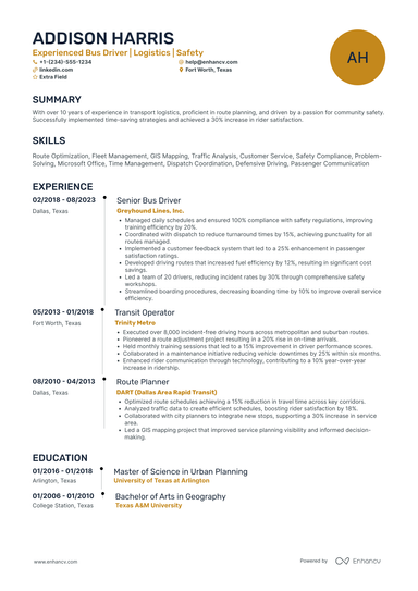 17 Bus Driver Resume Examples & Guide for 2025