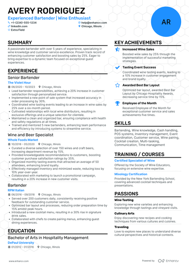 28 Bartender Resume Examples & Guide for 2025