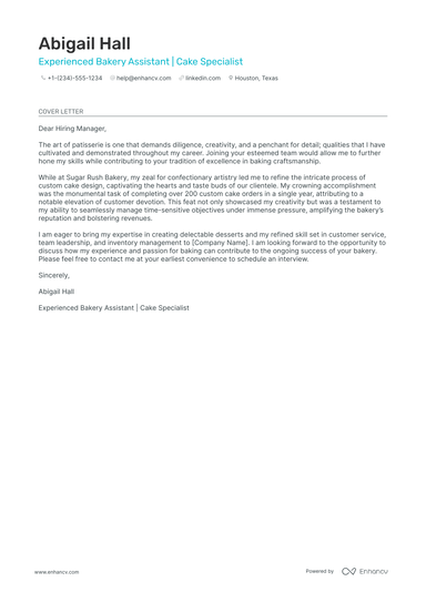 5 Professional Baker Cover Letter Examples and Template for 2025 | Enhancv
