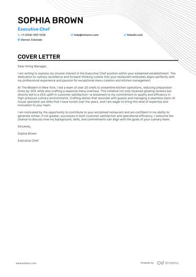 9 Professional Chef Cover Letter Examples and Template for 2025 | Enhancv